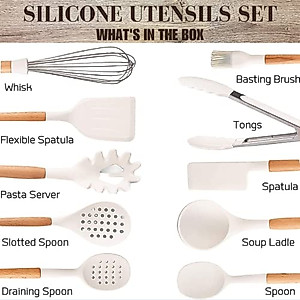 Silicone Kitchen Utensils Set | White Kitchen Utensils with Holder (11 PC) - Non Stick Kitchen Accesories for Cooking - White Kitchen Set with Wooden Handle by Five14