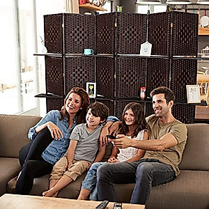 Maxhonor 6 Panels Room Divider, 6 FT Tall&Extra Wide Weave Fiber Room Divider with 2 Shelved, Double Hinged,Folding Privacy Screens, Freestanding Room Dividers (Coffee)