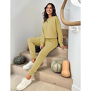 ZESICA Women's Long Sleeve Crop Top and Pants Pajama Sets 2 Piece Jogger Long Sleepwear Loungewear Pjs Sets,Yellow,Large
