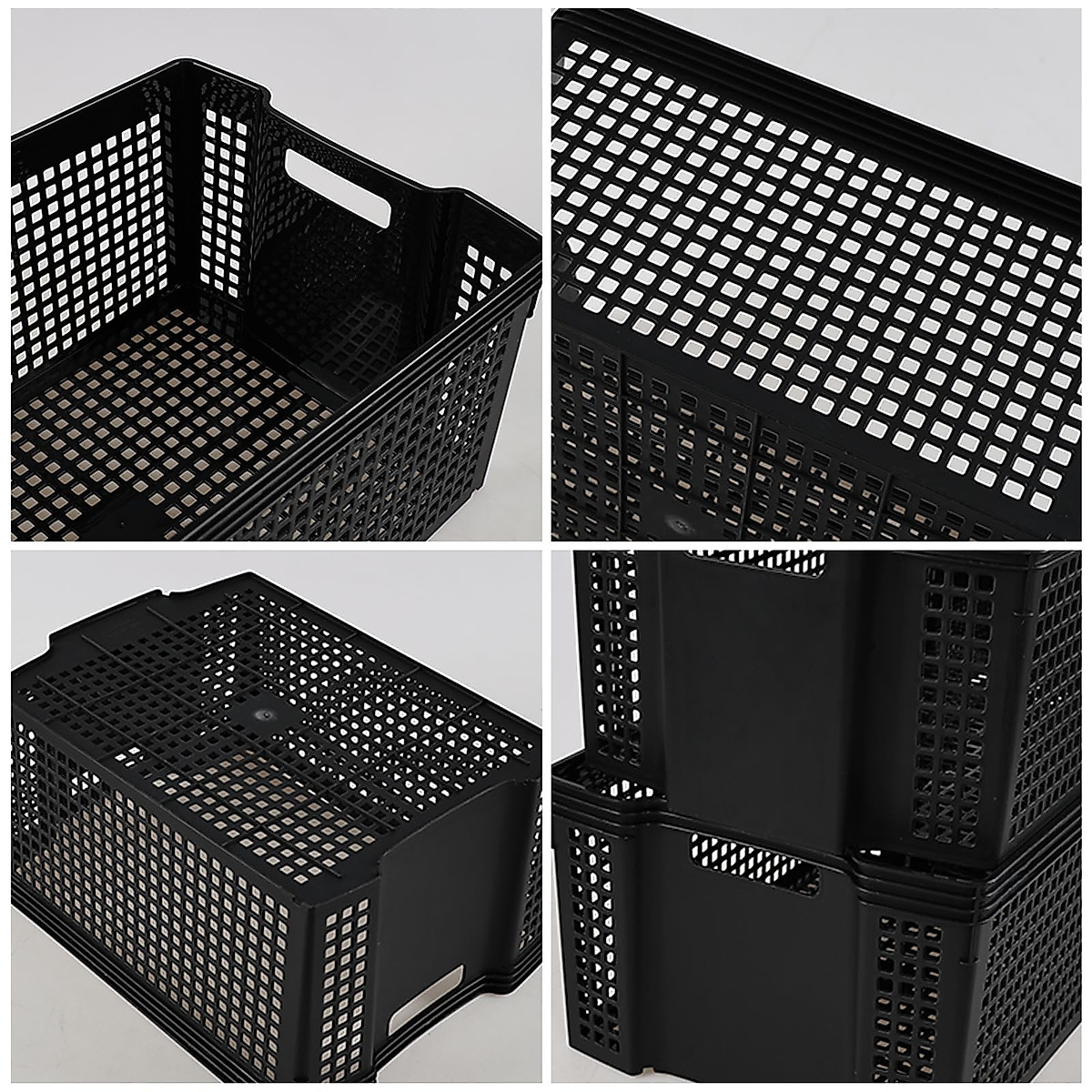 Begale 12 Pack Large Plastic Storage Baskets Organizer, Black Stacking Storage Basket Bin for Pantry, Shelves