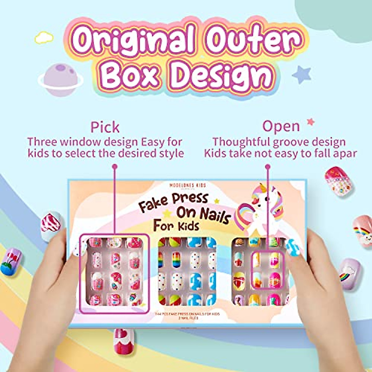 Modelones 144Pcs 6 Pack Press on Nails for Kids Children Acrylic Fake Nails Pre-glue Full Cover Glitter Gradient Color Rainbow Candy Short False Nail Art Kits Sets Gifts for Kids Girls