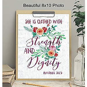She is Clothed With Strength and Dignity - Christian Wall Decor - Proverbs 31 - Bible Verse Wall Art - Scripture Wall Decor - Inspirational Gift for Women, Girls - Religious Gifts - God Wall Decor