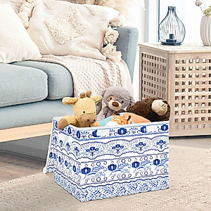 WELLDAY Blue White Floral Ceramic Storage Baskets Foldable Cube Storage Bin with Lids and Handle, 16.5x12.6x11.8 In Storage Boxes for Toys, Shelves, Closet, Bedroom, Nursery