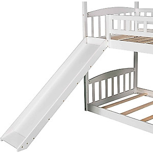 DNYN Twin Size Loft Bed with Slide for Kids Bedroom,Twin-Over-Twin House Shaped Bunkbeds w/Safety Guardrails & Roof Design,Easy Assemble & No Box Spring Need & Space Saving Design, White