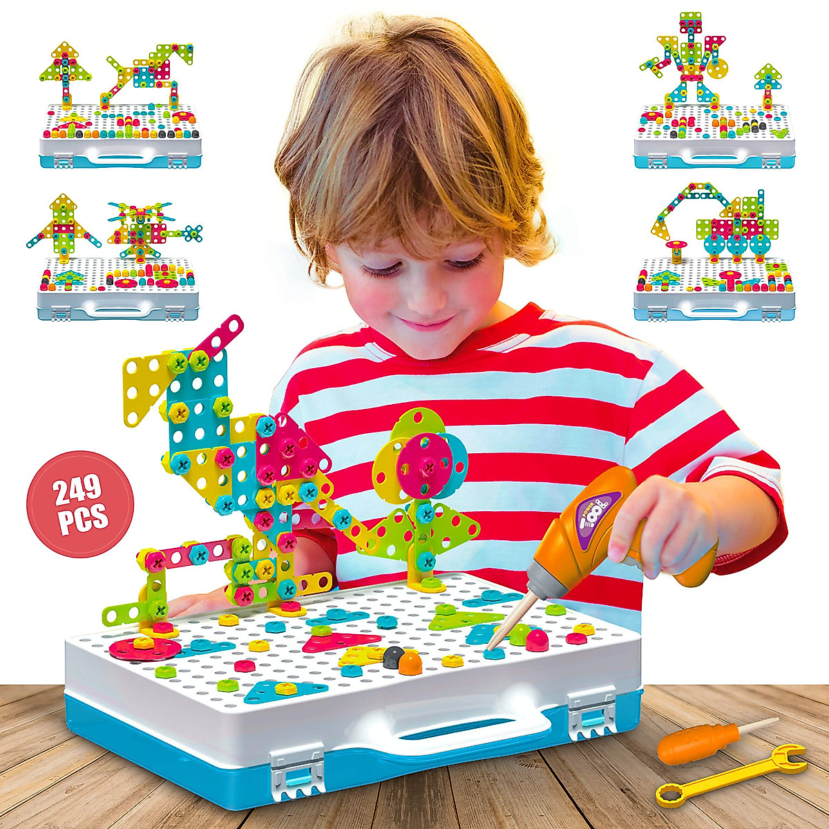 249 PCS STEM Learning Toys – Electric Drill DIY Educational Set, Creative Engineering with Various Shapes and 5 Toy Tools – 2&3D Mosaic Construction Kit for Toddlers, Boys and Girl Ages 3 4 5 6 7 8 9