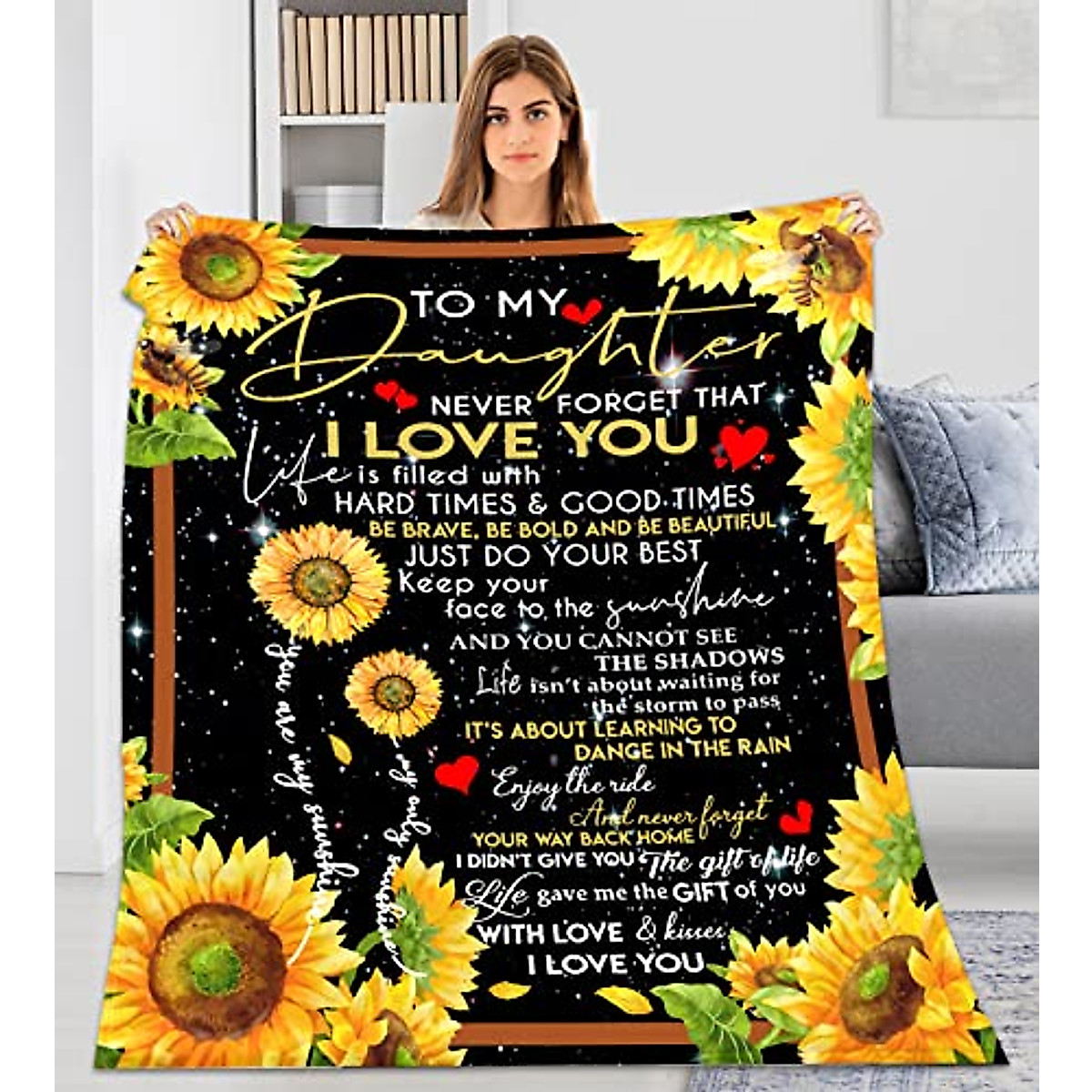 Daughter Gift from Mom Dad Sunflower Blanket to My Daughter Never Forget That I Love You Fleece Blanket Ultra-Soft Micro Light Weight Warm Bed Throw Blanket