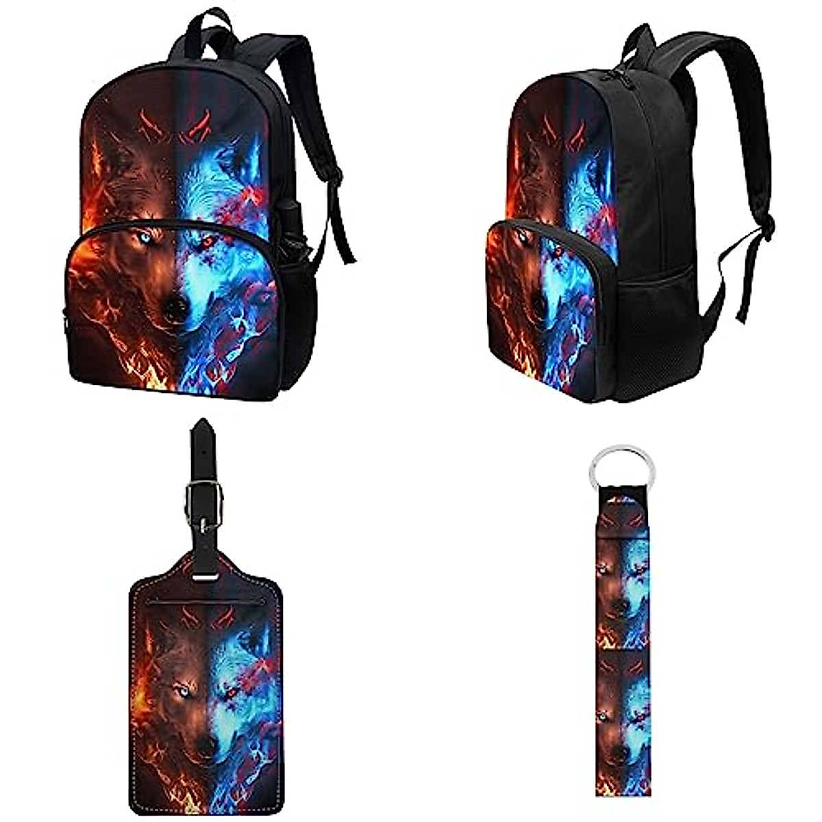 DMOYALA Fire Wolf Backpack for Boys Girls Japanese Style Travel Backpack Lightweight Large Work Backpack for Men Canvas Work Bag for Girls Back To School Supplies Key Chains for Car Keys