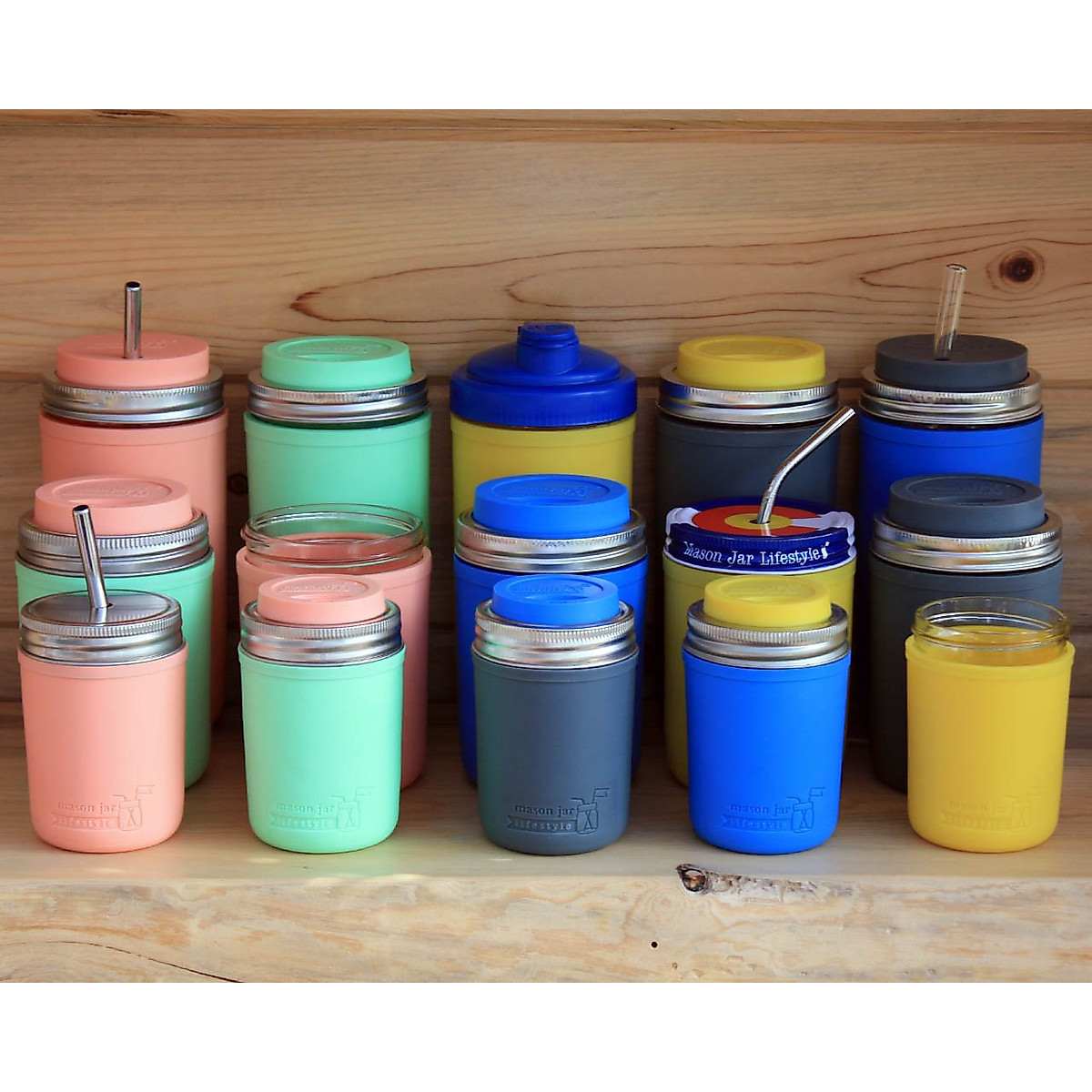 Silicone Drinking Lids with Rust Proof Stainless Steel Bands by Mason Jar Lifestyle (2 Pack, Charcoal Gray, Wide Mouth)