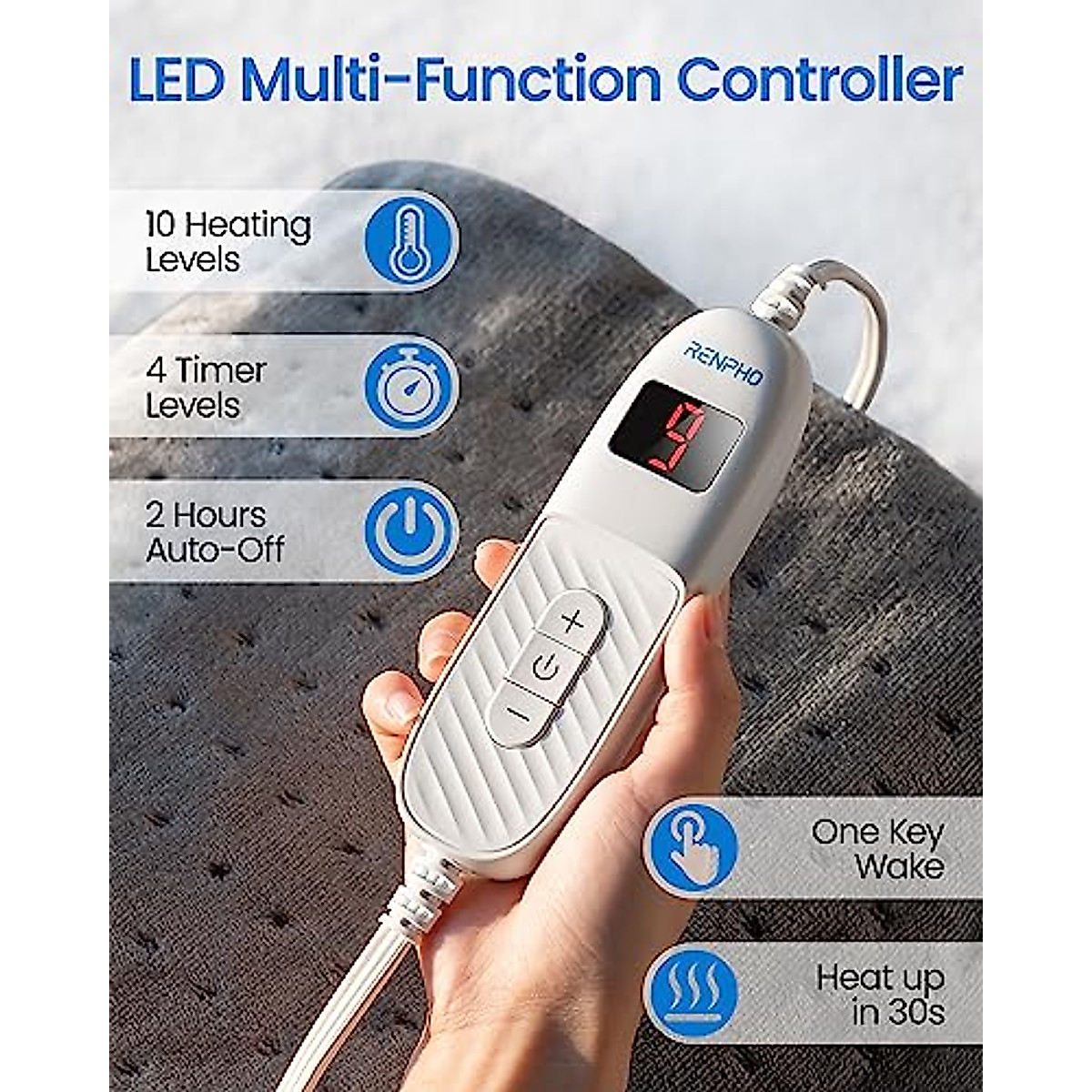 Heating Pad, Renpho Heating Pad for Back Pain Relief & Cramps Relief, FSA HSA Eligible, 10 Heat Settings, Auto Shut Off, Machine Washable, Gifts for Women, Men, ETL Certified, 12"x24'' (Gray)