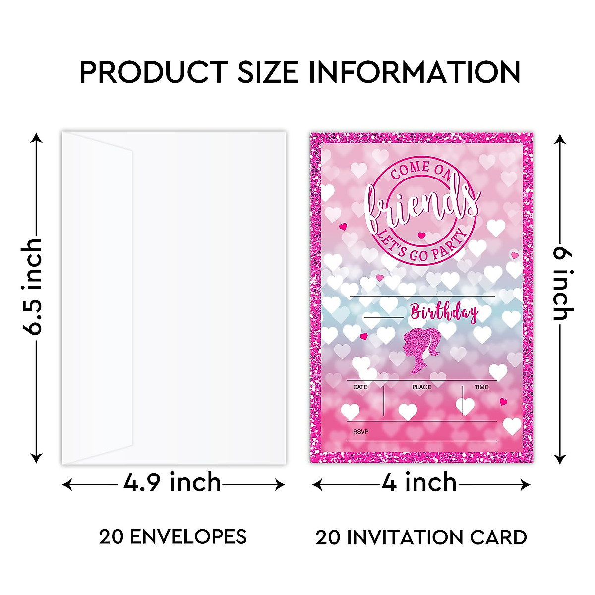 YUEXLL Let's Go Girls Theme Birthday Party Invitations Cards, Pink Doll Theme Birthday Celebration Supplies, Double-sided Fill-in birthday Invites for Boys Girls - C10