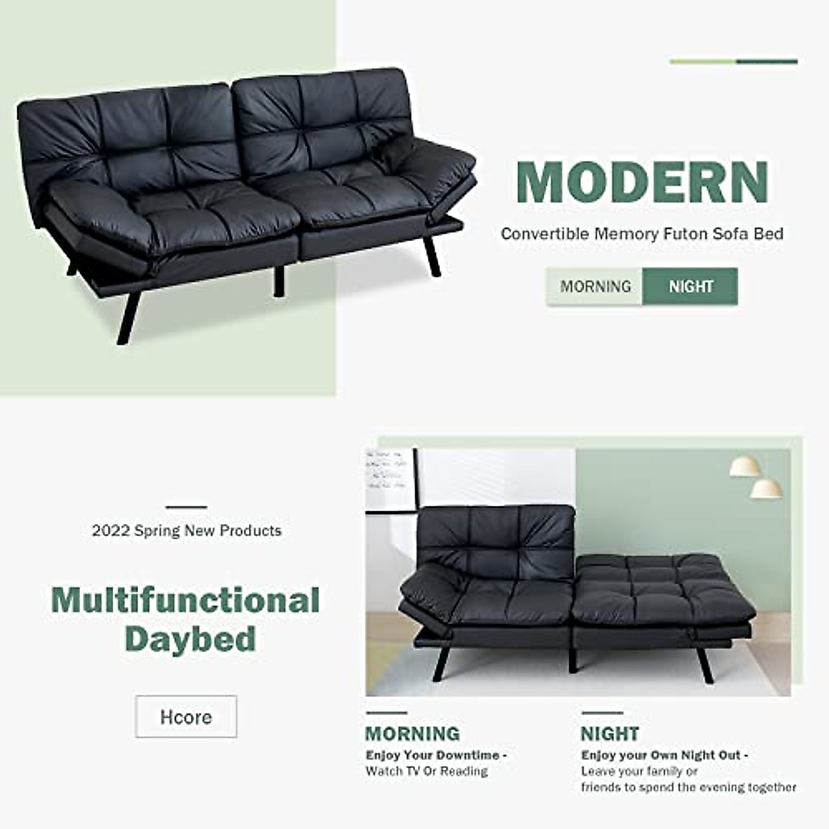 Hcore Convertible Futon Sofa Bed,Black Leather Memory Foam Loveseat Futons Sofa Couch,Small Euro Lounger Sofa for Compact Living Spaces,Apartment,Dorm,Studio,Guest Room, Home Office/Black Leather