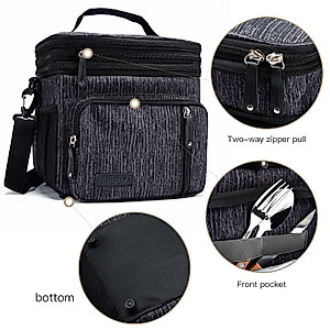 UMUFUKA Men's Double Compartment Lunch Bag, Insulated Lunch Cooler Tote 2 Roomy Large Reusable Water-resistant Lunch Box (Black)