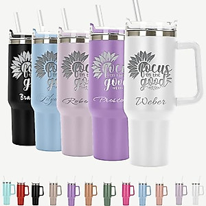 LifGif Sunflower Personalized Tumbler 40 oz Laser Engraved, Insulated Cup with Handle, Lid and Straw, Focus on the Good Stainless Steel Large Vacuum Insulated, Custom Gift for Birthday, women, mom