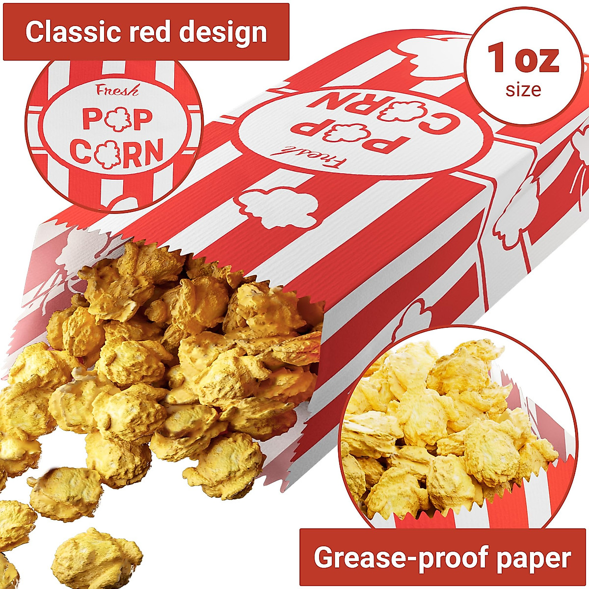 CUSINIUM Christmas Red Popcorn Bags for Party (75-Pack, 1oz) - Carnival Theme - Customizable