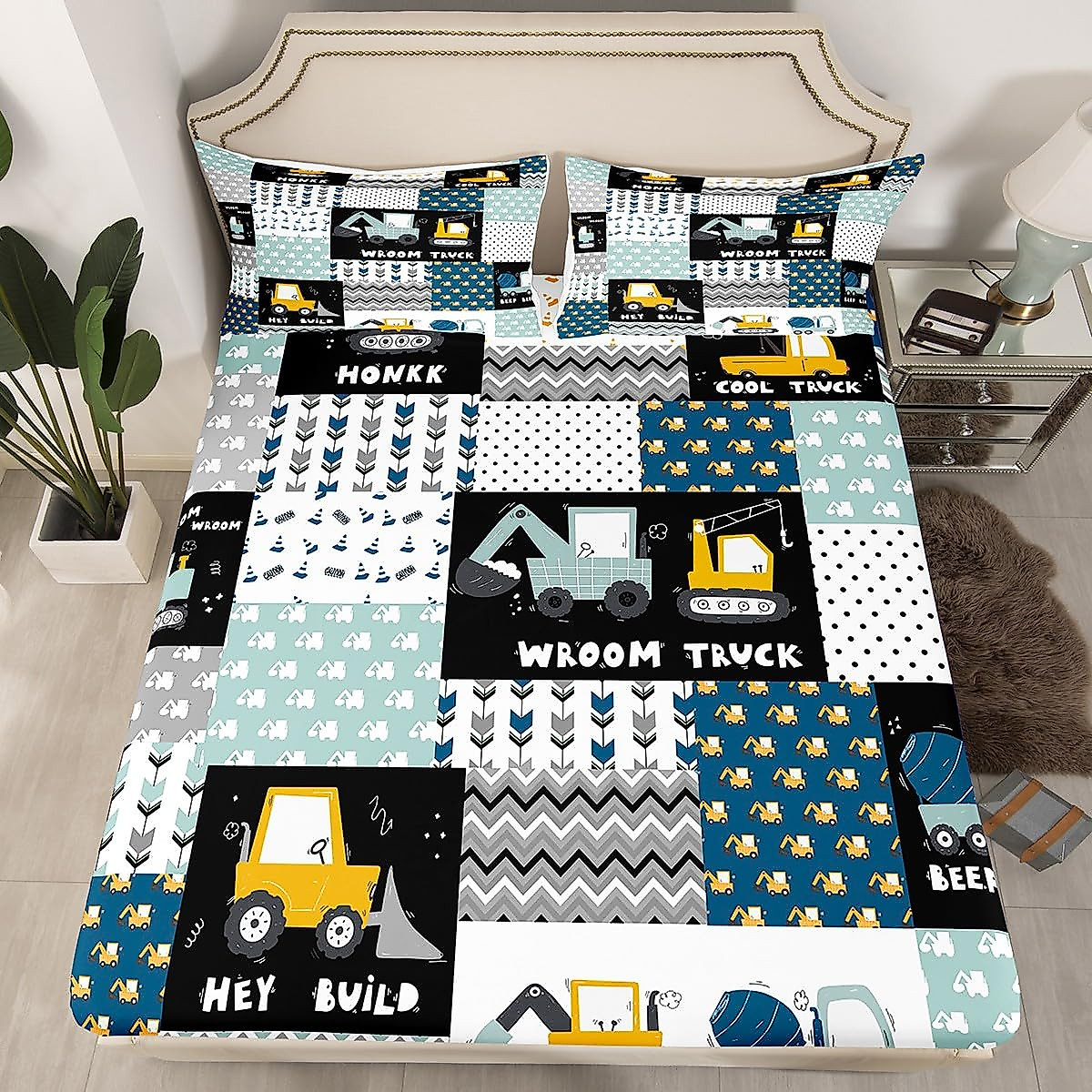 Cartoon Car Sheets with Deep Pocket Fitted Sheet Full Size for Boys Girls, Construction Car Bed Sheets Set Geometric Buffalo Construction Vehicles Sheet Set Excavator Construction Bedding Set
