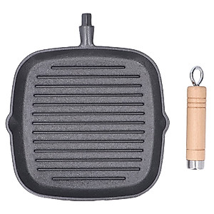 Cast Iron Grill Pan,Grill Pan,Multipurpose Prevents Stick Quadrate Cast Iron Steak Pan with Easy Grease Drain Spout with Wooden Handle for Bacon Steak Onion