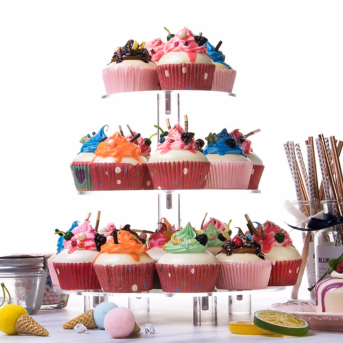 Acrylic Cupcake Stand, Clear Dessert Tower Holder Display with Base for Wedding, Party, Baby Shower, 3 Tier Round, Transparent