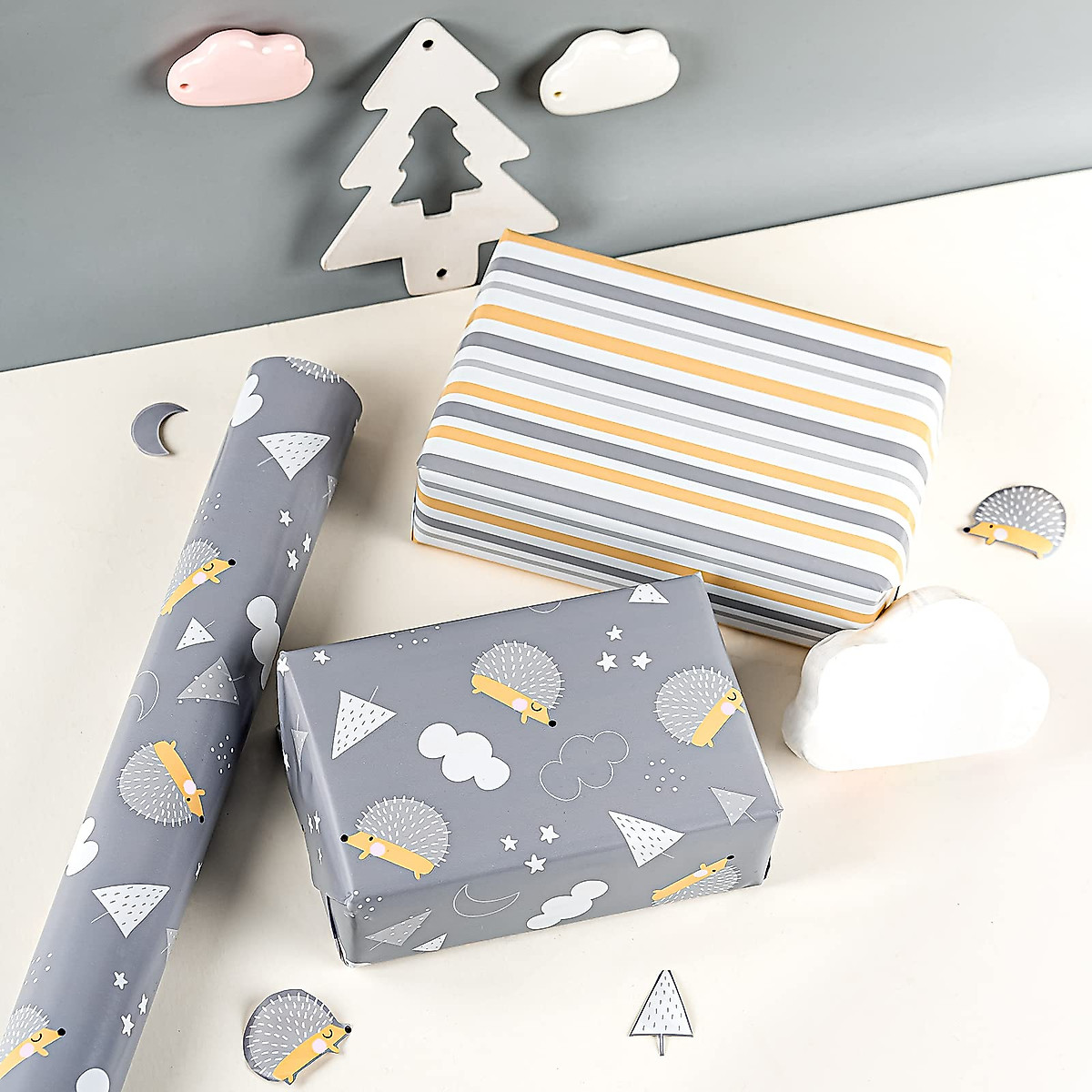 WRAPAHOLIC Reversible Baby Shower Wrapping Paper - Mini Roll - 17 Inch X 33 Feet - Cute Hedgehogs and Stripes Design for Birthday, Holiday, Party