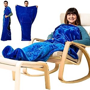 EzrAllora Lightweight Foot Pocket Blanket with Marsupial Pocket - Patent Pending- 67"x40" Premium Fleece Throw - Gifts for Men Who Want Nothing - TV Lap Blanket (Fleece, Azure)
