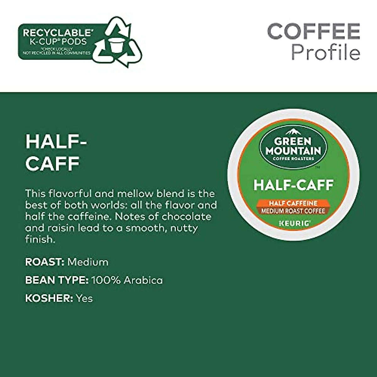 Green Mountain Coffee Roasters Half Caff, Single-Serve Keurig K-Cup Pods, Medium Roast Coffee Pods, 32 Count