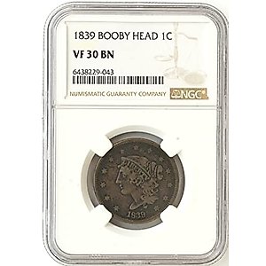 1839 P Young Matron Booby Head Large Cent 1C NGC VF 30 BN