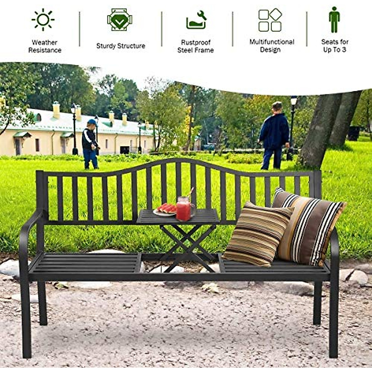 HAPPYGRILL Outdoor Garden Bench Metal Patio Loveseat Benches with Pullout Table for Yard Lawn Porch