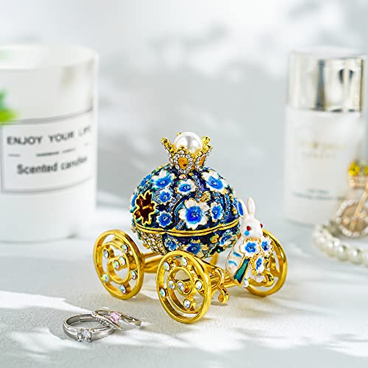 YU FENG 3'' Hand Painted Enamel Pumpkin Carriage Trinket Box With Bunny Flowers Hinged Jewelry Organizer with Crystals Ring Earrings Storage Home Decor Figurine Keepsake Collectible