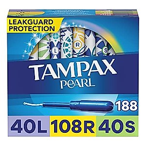 Tampax Pearl Plastic Tampons, Light/Regular/Super Absorbency Multipack, 188 Count, Unscented (47 Count, Pack of 4 - 188 Count Total) - Packaging May Vary
