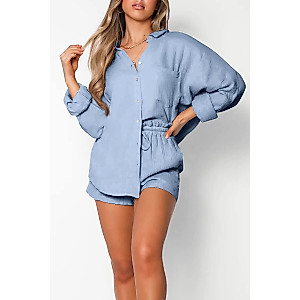 Trendy Queen Two Piece Sets For Women Summer Short Sets Beach Vcation Lounge Pajama 2 Piece Spring Outfits Fashion 2025 SkyBlue S