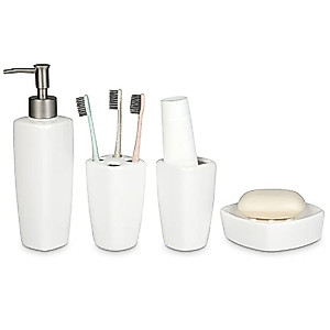 MyGift 4 Piece Ceramic White Bathroom Accessory Set with Soap Dispenser Pump, Toothbrush Holder, Tumbler and Soap Dish