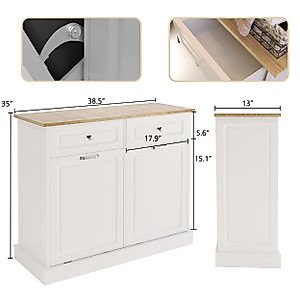 Usinso Double Trash Can Cabinet, Double Tilt Out Trash Cabinet with Hideaway Holder Drawers, Modern Standing Trash Cabinet for Kitchen, Living Room, Laundry Room (White)