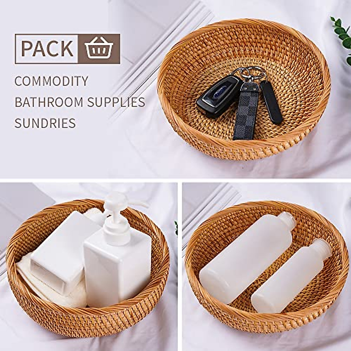 FIYAMMY Rattan Bread Baskets, Rattan Round Fruit Baskets, Natural Wicker Storage Bowls Decorative Baskets for Kitchen Set of 3