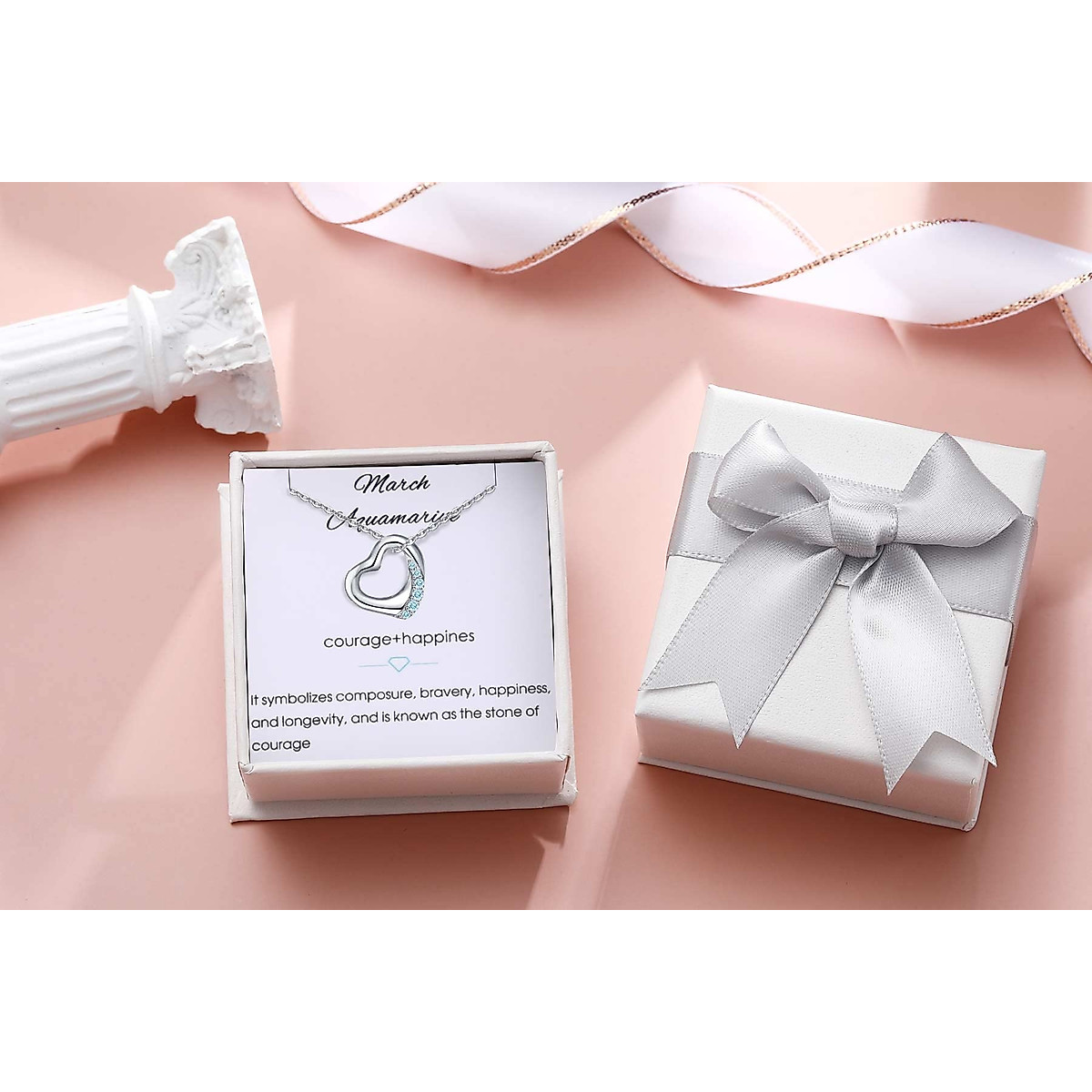 Heart March Birthstone Necklace for Women: 925 Sterling Silver Aquamarine Necklace Floating Open Heart Pendant Necklace Sparkling Cubic Zirconia Necklaces, Unique Birthday Jewelry Gifts for Teen Girls