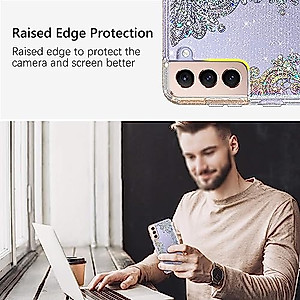 KIOMY Clear Glitter Case with Laser Lace Design for Samsung Galaxy S21 5G, Slim Fit Sparkle Fashion Flower Back Cover for Girl Women, Flexible TPU Sparkly Cute Floral Skin for Samsung S21 (Slim, Lace)