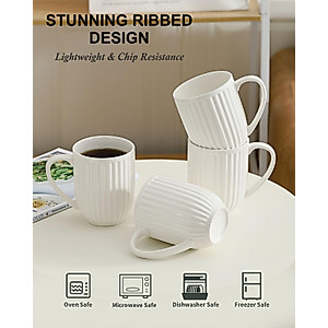 Hasense Ceramic Coffee Mugs Set of 4, 16 Oz Large Ribbed Coffee Cups with Big Handle, Unique Modern Style White Latte Mugs for Tea,Cocoa,Milk,Cappuccino, Microwave & Dishwasher Safe