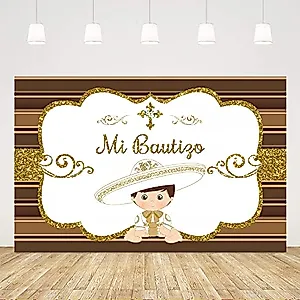 Mi Bautizo Baptism Backdrop,Mexican Hat Boy Gold Dots Brown Stripes Baby Shower Spanish Themed Party Decorations Supplies for Photography Background 5x3ft Banner Photo Booth