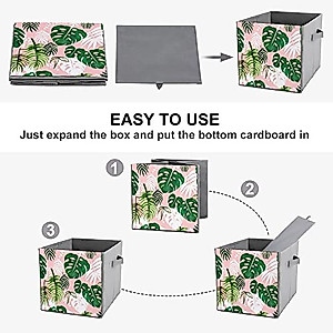 Pink Palm Leaves Collapsible Storage Bins Basics Folding Fabric Storage Cubes Organizer Boxes with Handles