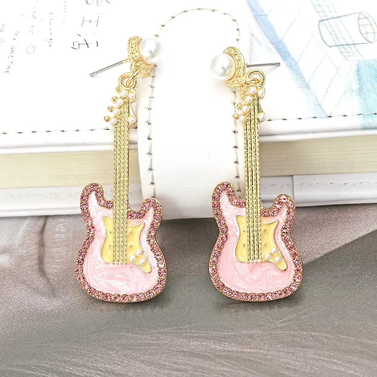 Hand Jeweled Guitar Earrings for Women, Teens, Stainless Steel, No Gemstone