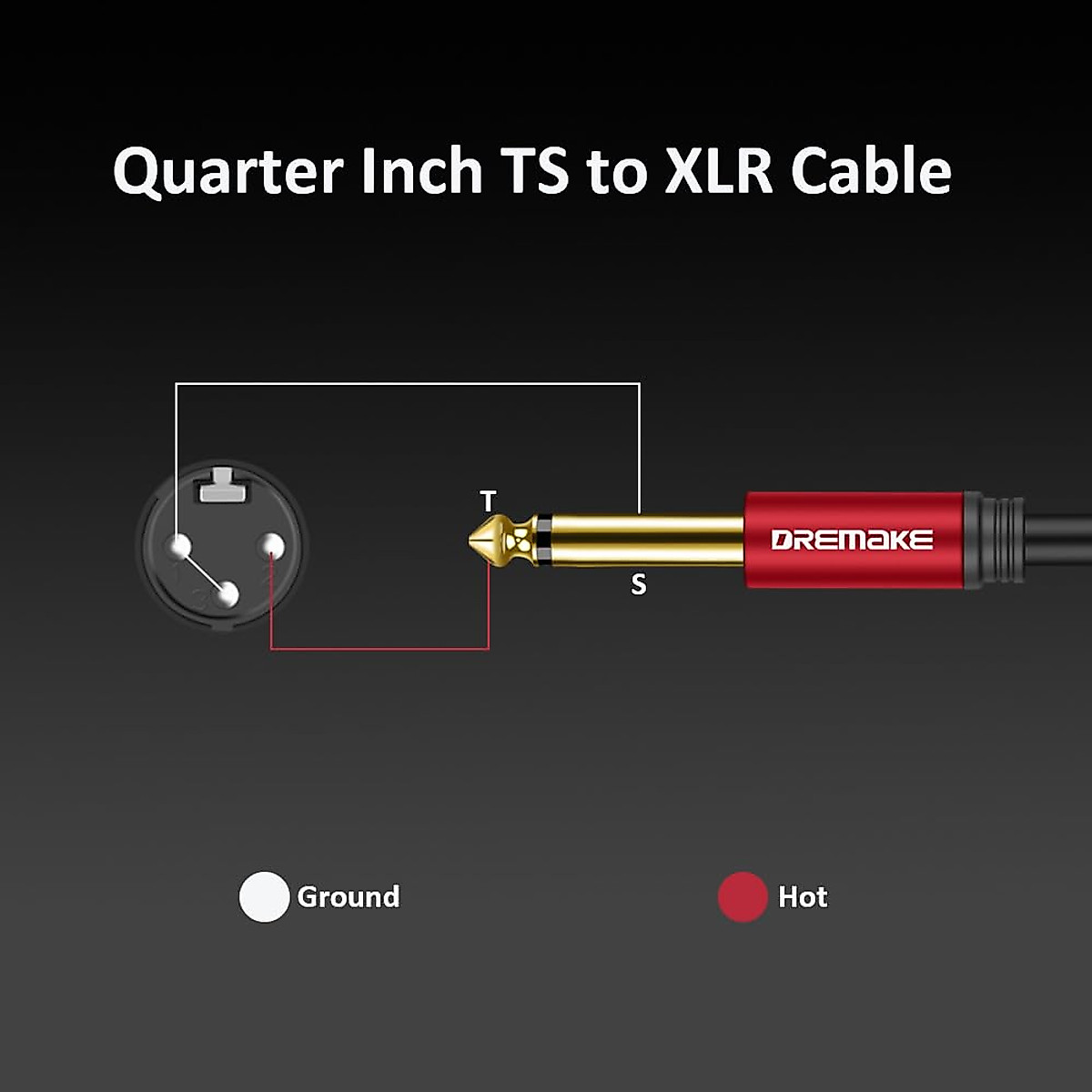 DREMAKE 3-Pin XLR to TS 1/4 (6.35mm) Mono Jack Unbalanced Microphone Interconnect Cable, Quarter Inch Male to XLR Male Mic Audio Cord for Mixing Boards, Studio Harmonizers - Red/10M