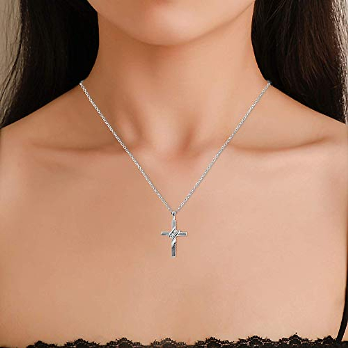 EternalDia 10k Diamond Three-Stone Cross Pendant Necklace Religious Jewelry (0.05cttw, I-J/I2-I3) 18"