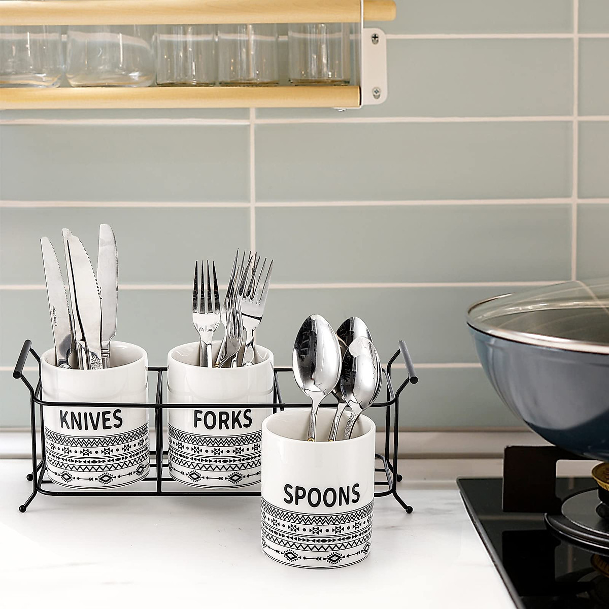 Bekith 3-Piece Ceramic Silverware Caddy with Metal Rack, Utensil Holder Flatware Caddy Cutlery Storage Organizer for Kitchen Table, Cabinet or Pantry, White