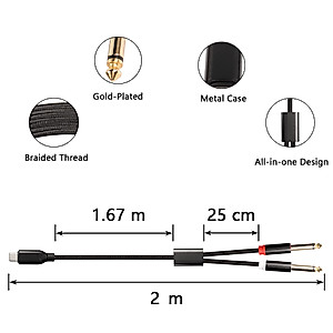CERRXIAN 6.56ft USB C to Dual 6.35mm TRS Stereo Cable, USB C to 1/4 inch Audio Cable, USB Type C Male to 2X 6.35mm Mono Male AUX Y Splitter Cable for Tablet, Laptop,Phone,Amplifier(6.35-C)