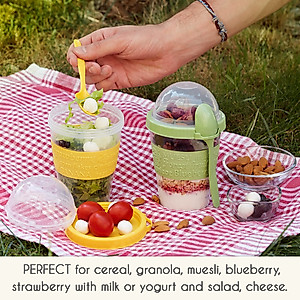Yogurt Parfait Cups for Breakfast, Oatmeal or Fruit Container, Snack Bowl and Spoon for Lunch Box, Portable & Reusable, 2 PCs (Green & Yellow)