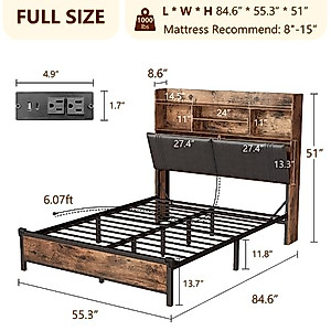 Alohappy Full Size Bed Frame with 51” Storage Headboard, Wooden Platform Bed Frame with Chargig Ports & LED Lights, Upholstered LED Bed Frame, No Box Spring Needed