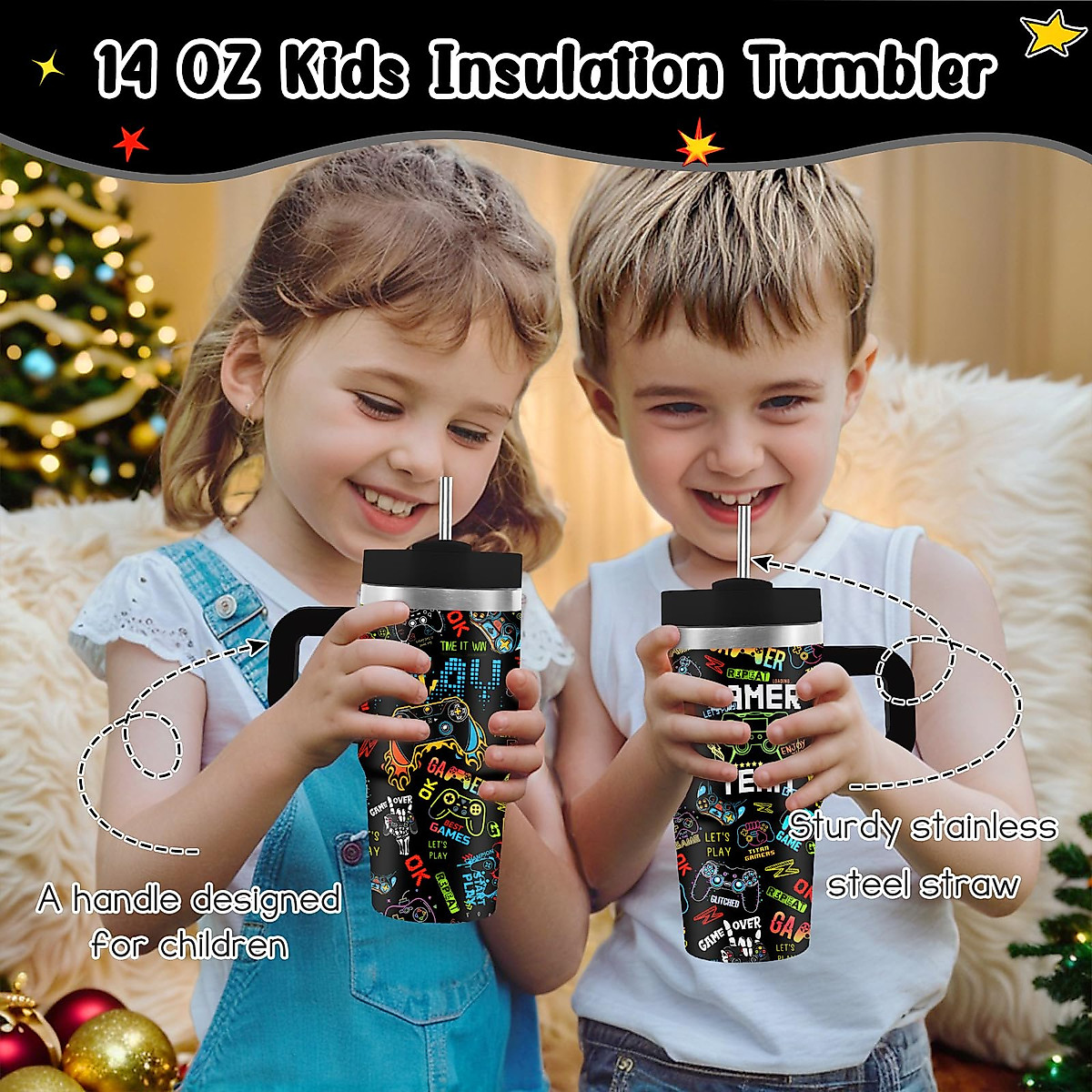 Gamer Gifts for Boys, 14 oz Game Tumbler with Handle and Straw for Kids, Gaming Mugs for Toddlers, Insulated Stainless Steel Leak Proof Tumbler for Gamer, Gaming Boys Gifts