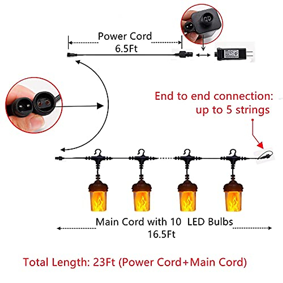 Flickering Flame String Lights for Halloween Decor Outdoor,23Ft LED String Lights for Outside,Plug in Garden Lights,Connectable Backyard Lights 10 Lantern & Hooks Decorative Lights Cafe Bistro Patio