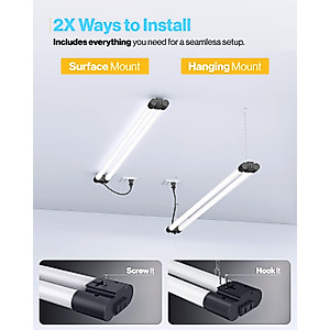 Sunco 8 Pack Linkable LED Utility Shop Light, 4500 LM, 6000K Daylight Deluxe, 4 FT, 48 Inch Integrated Fixture for Garage, 40W Equivalent 150W, Surface + Suspension Mount, Black