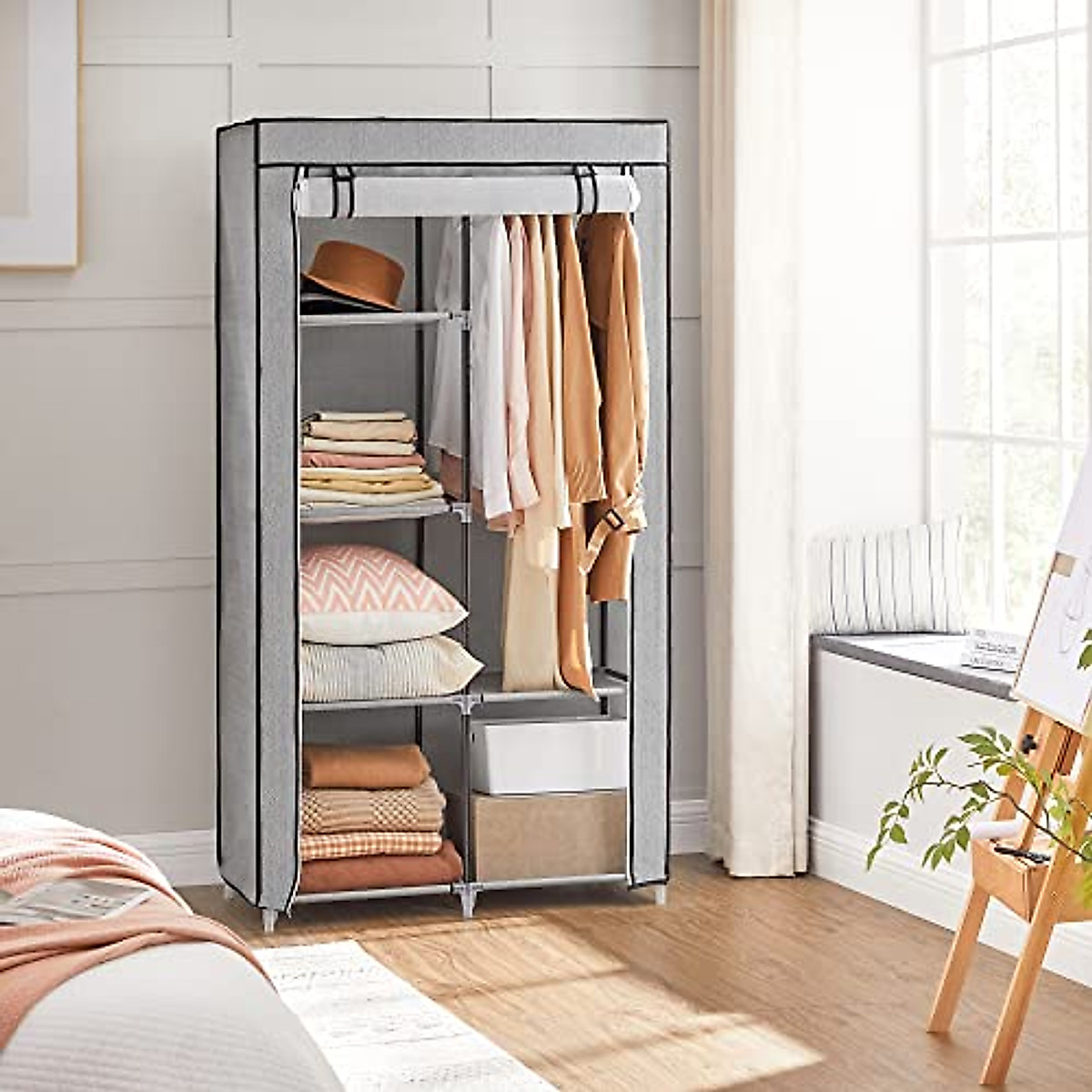 SONGMICS Portable Closet, Clothes Storage Organizer with 6 Shelves, 1 Clothes Hanging Rail, Non-Woven Fabric Closet, Metal Frame, Herringbone Pattern, 34.6 x 17.7 x 66.1 Inches, Grey URYG084G22