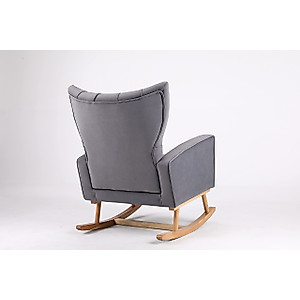 HHOK Rocking, Mid Century Modern Velvet Tufted Upholstered Rocker Armchair Padded Seat with Solid Wood Base, Accent Chair with High Backrest and Armrests for Living Room Bedroom Balcony, Grey