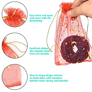 Renashed 100Pcs Moon Stars Sheer Organza Bags with Drawstring 10 Colors, Wedding Favor Bags Jewelry Gift Bags for Wedding Party Valentine's Day, Festival Organza Bags (5 * 7inch/ 13 * 18cm)